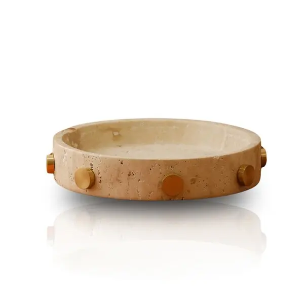MARLETH Neutrals Travertine Tray With Brass Stud Detail - Beige