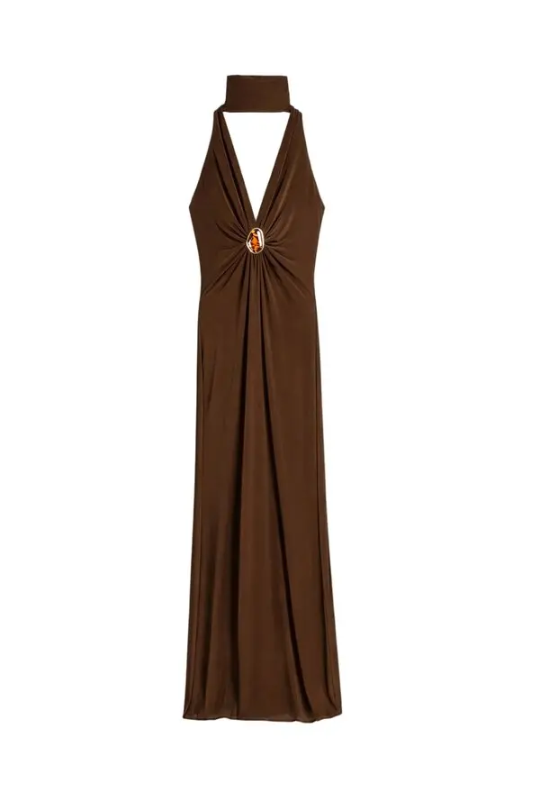 NOCTURNE Halter Neck Draped Maxi Dress - Brown