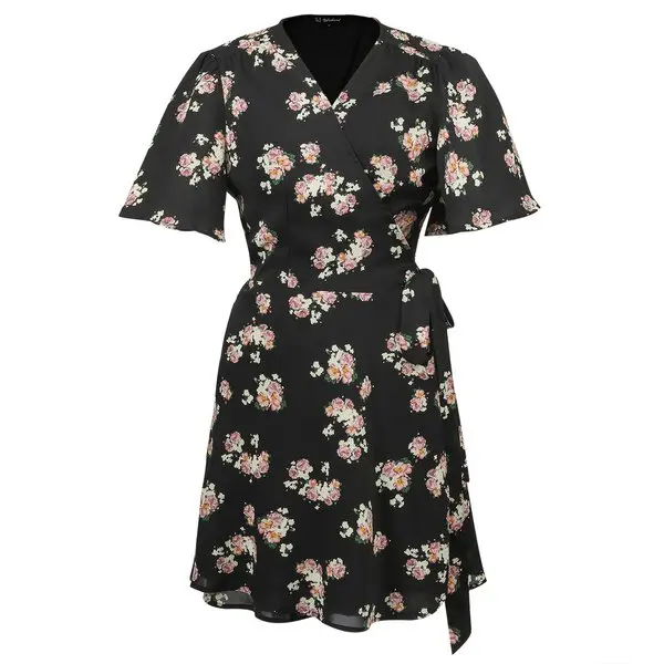 SMART AND JOY Floral Print Wrap Mini Dress - Black