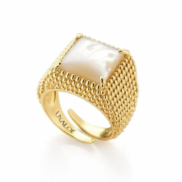 UNALOE Adjustable Square Ring In Sterling Silver With Mother Of Pearl - Gold/white
