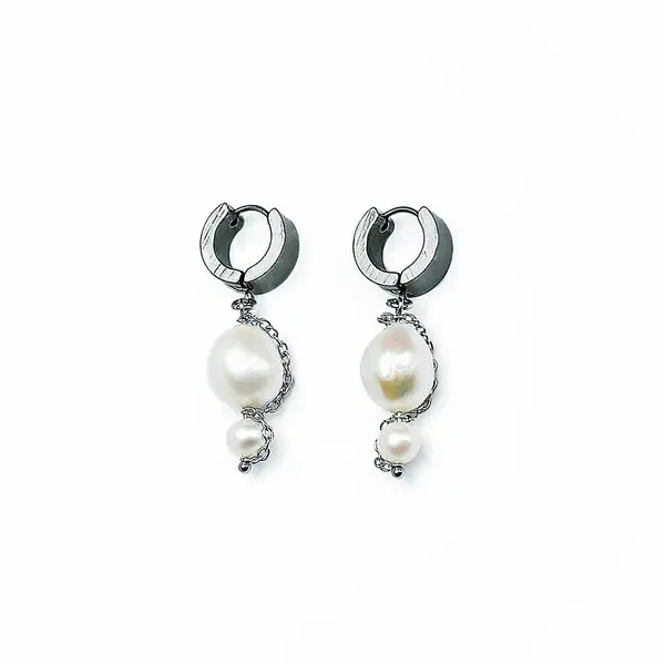 KIREI Pulse Stainless Steel & Freshwater Pearl Hoop Earrings - Silver
