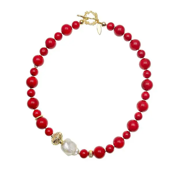 FARRA Coral And Baroque Pearl Statement Necklace - Red