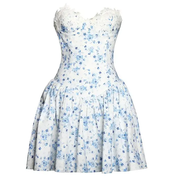 MISS CIRCLE NEW YORK Floral Print Linen Mini Dress With Lace Trim - Blue