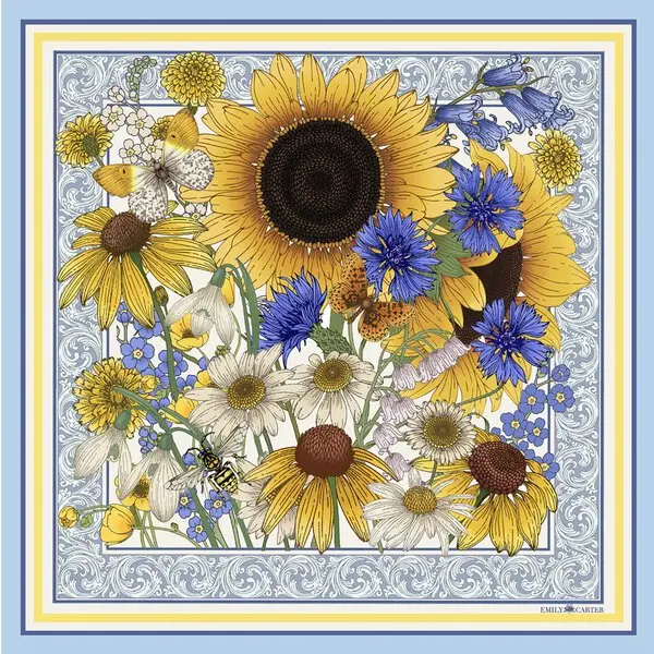 EMILY CARTER The Sunflower Bouquet Silk Scarf L - Blue