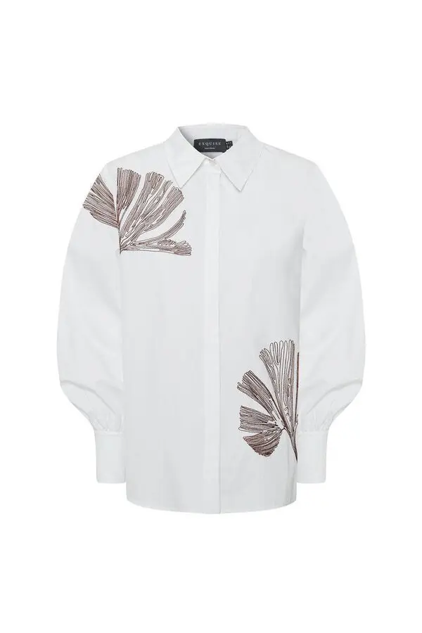 EXQUISE Cotton Floral Stitch Shirt - Beige
