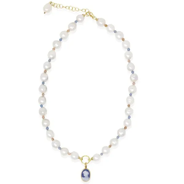 VINTOUCH ITALY Gold-plated Pearl Cameo Necklace - Blue