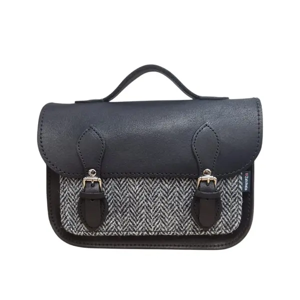 ZATCHELS Midi Leather & Tweed Crossbody Satchel - Black