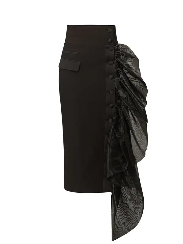 TIA DORRAINE Femme Fatale Midi Skirt With Detachable Organza - Black
