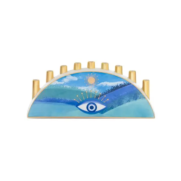 KARMA AND LUCK Blue / Gold Evil Eye Ceramic Menorah – Spiritual Protection Home Decor – Awakened Hope - Blue/gold