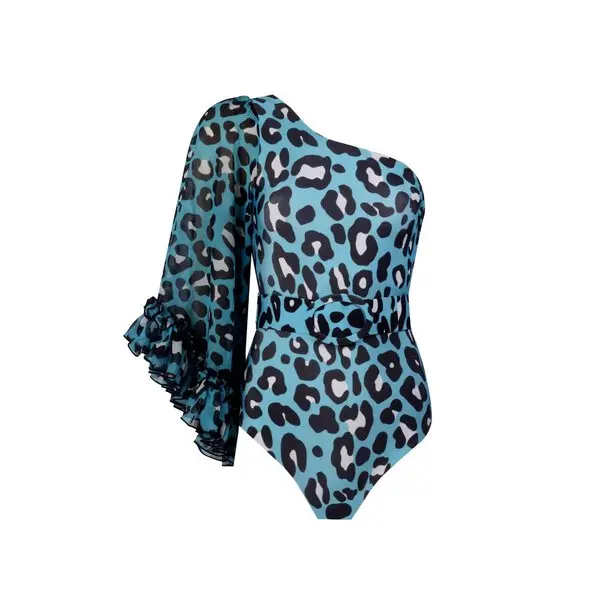 NUR KARAATA One Shoulder Swimsuit With Ruffled Sleeve And Belted Waist - Blue