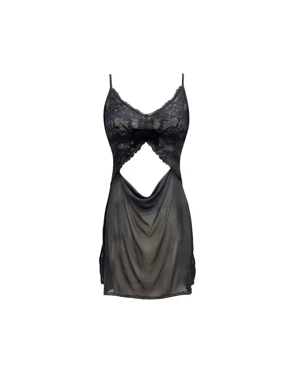 CAROL COELHO Terminator Lace & Mesh Draped Front Nightie - Black