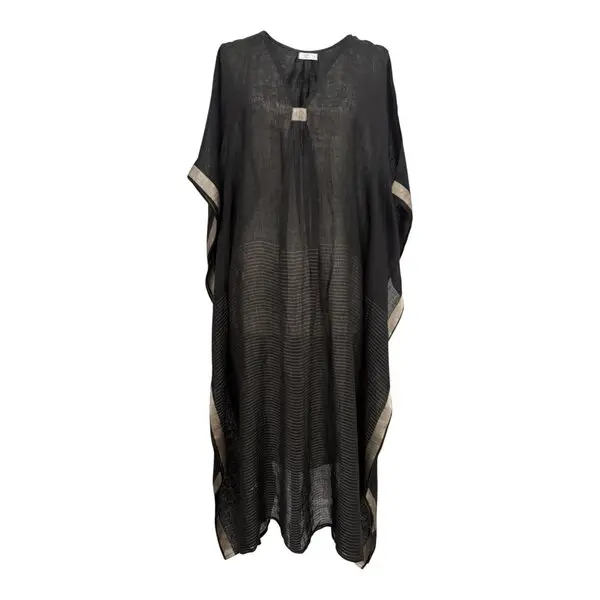 JOSHI V-neck Linen Kaftan With Metallic Border - Black