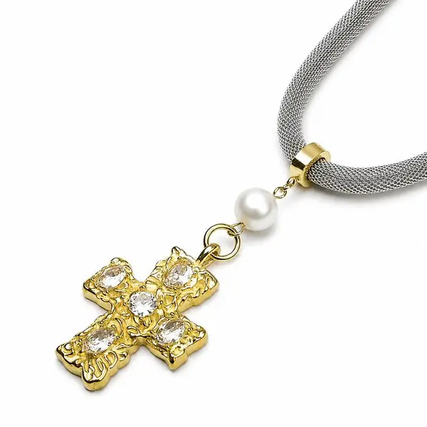 KIREI Stainless Steel Mesh Necklace With Gold Cross Pendant And Pearl Accent - Silver/gold