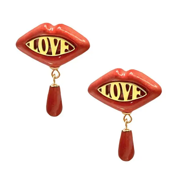 SCULP Red Lip Porcelain Dangle Earrings - Red/gold