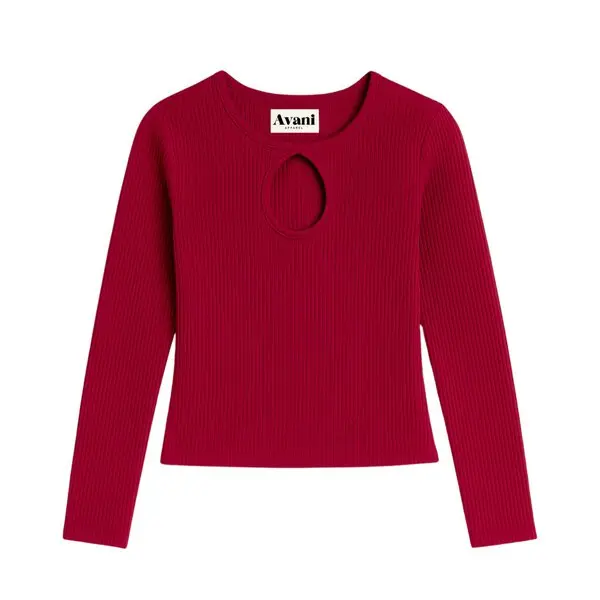 AVANI APPAREL Ribbed Long Sleeve Top With Keyhole Neckline - Red