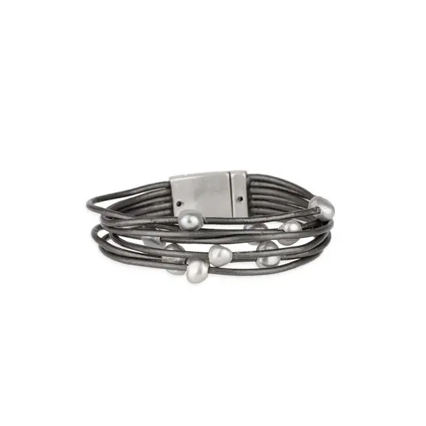 Saachi Multi Strand Leather Pearl Bracelet - Grey