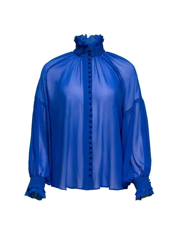 HELENE GALWAS Babett" Sheer Silk Blouse With Ruffle Collar And Hand-covered Buttons
