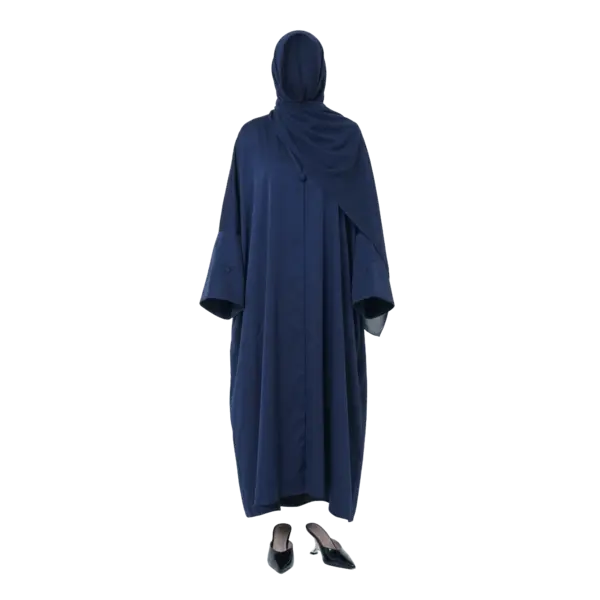 ASHITA FERNANDES Satin Blend Front Open Abaya With Embroidered Sheila Set - Blue
