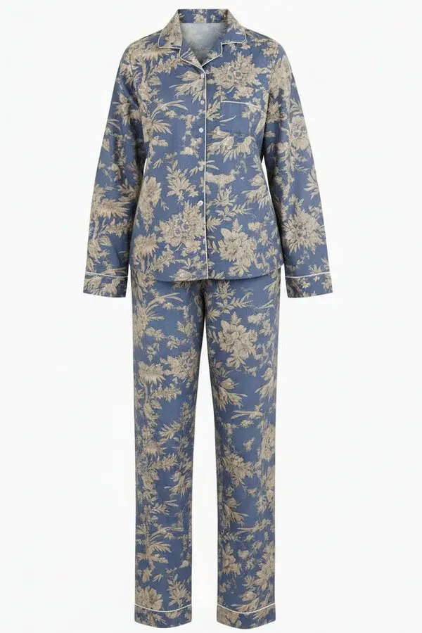 LA MANDARINE Pyjamas, Hand Block Printed Cotton Floral Ladies Pyjamas - Blue