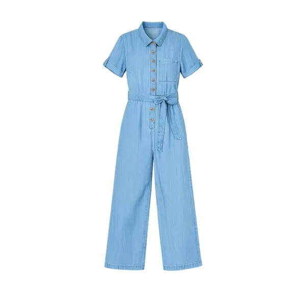 YUMI Chambray Light Denim Button Jumpsuit - Blue
