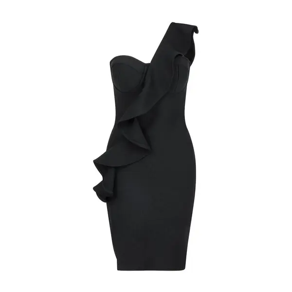 SOUR FIGS One-shoulder Ruffle Slit Hem Bandage Knit Mini Dress