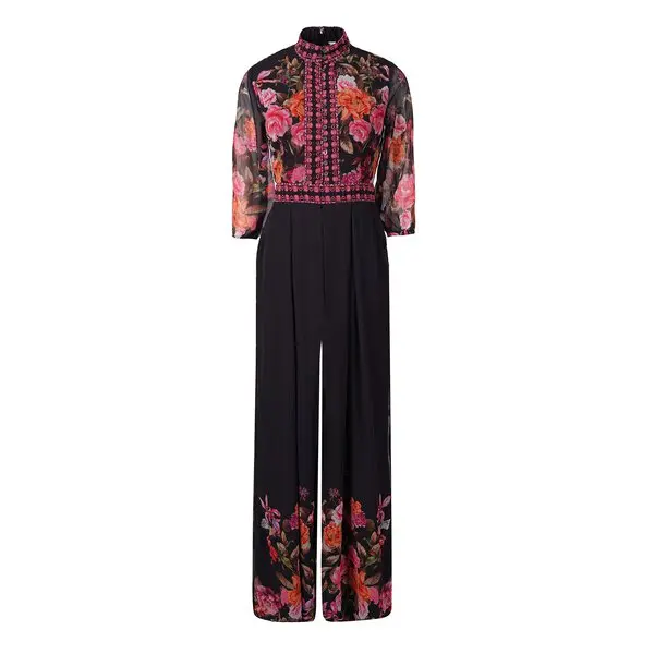 RAISHMA Floral Print Crinkle Chiffon Jumpsuit - Black
