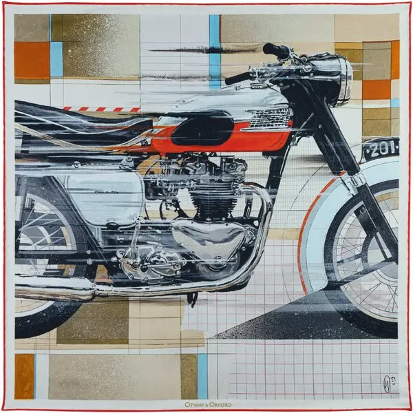 OTWAY & ORFORD Red / Blue / Brown 'vintage Velocity' Motorcycle Silk Pocket Square. Full-size - Red/blue/brown