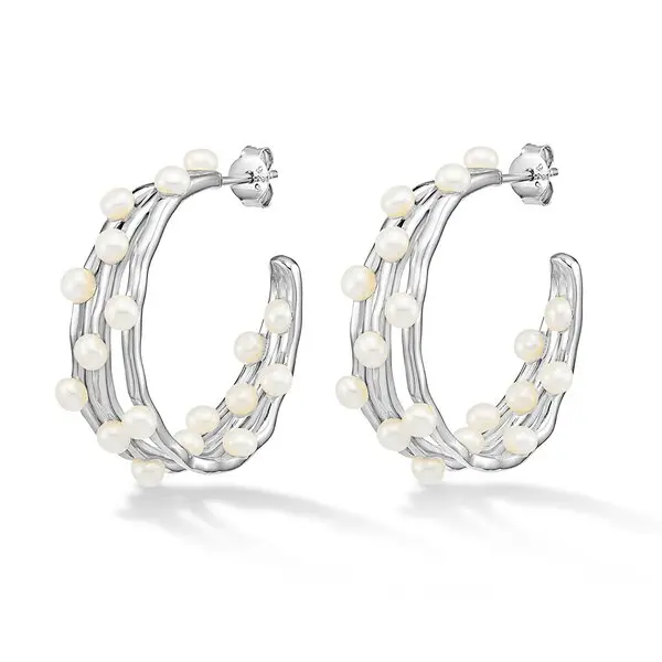 DOWER & HALL Medium Triple Row Waterfall Pearl Hoop Earrings - Silver
