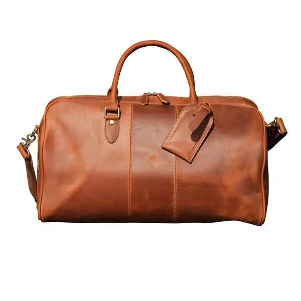 TOURI Genuine Leather Duffle Bag With Luggage Tag - Brown