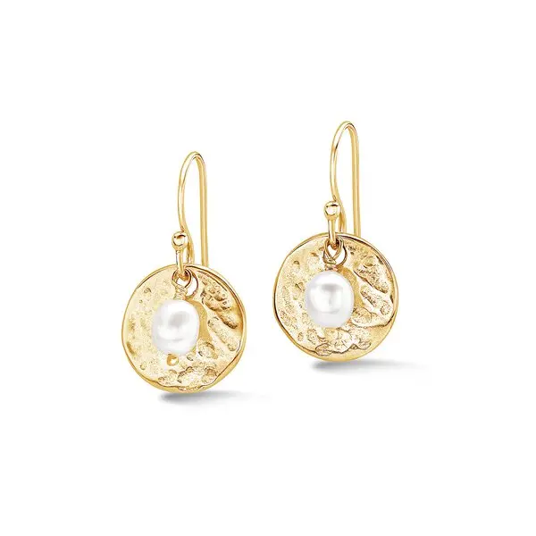 DOWER & HALL Hammered Disc & Freshwater Pearl Earrings - Gold