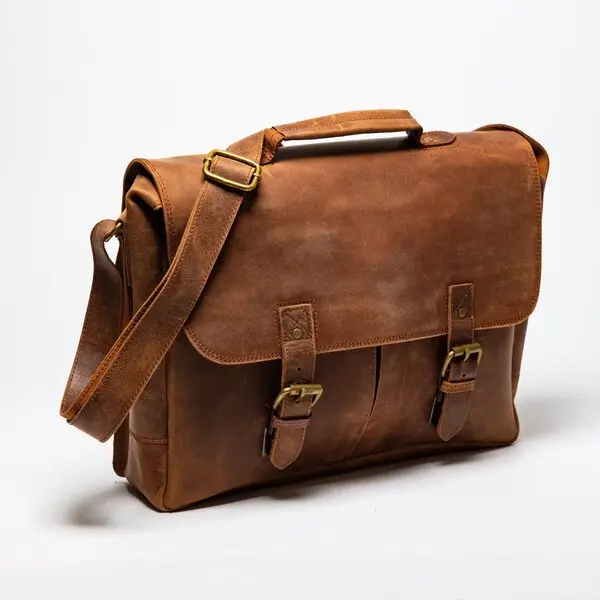 HIDES LEATHER CO. Handmade Leather Messenger Briefcase - Brown
