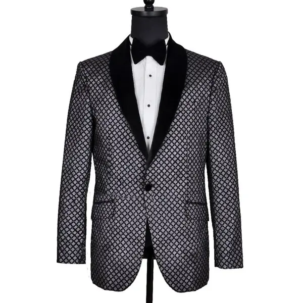 DAVID WEJ Grey / Black Washington Jacquard Velvet Shawl Lapel Blazer Grey - Grey/black
