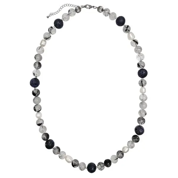 FARRA Rutilated Quartz, Lava Stone, And Pearl Necklace - Black