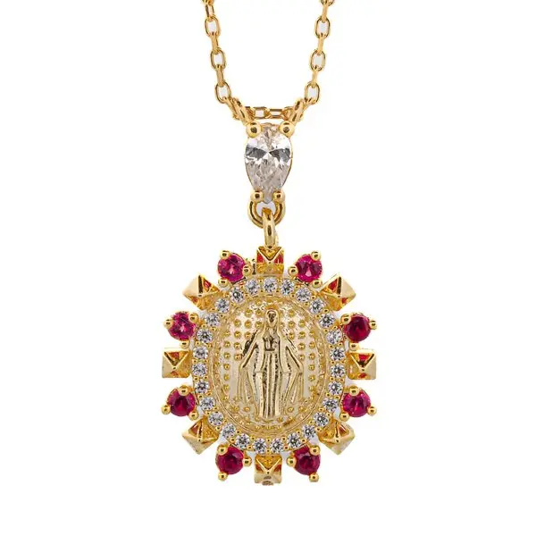 EBRU JEWELRY Ruby & Diamond Virgin Mary Pendant Necklace - Pink/gold