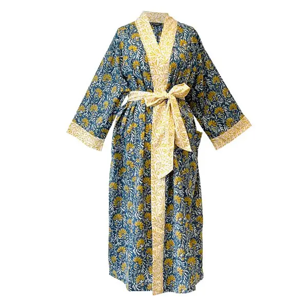 LIME TREE DESIGN Floral Cotton Full Length Kimono - Blue