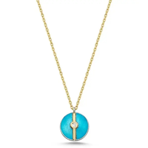 ECCE ARTISAN DIAMONDS Enamelled Mini Diamond Buttons 14k Yellow Gold Turquoise Necklace - Blue
