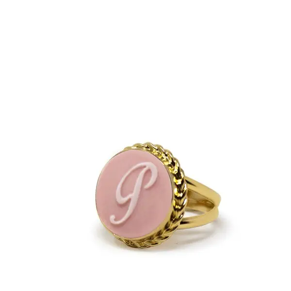 VINTOUCH ITALY Gold Vermeil Cameo Initial Ring - Pink/gold