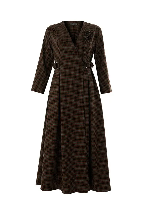 EXQUISE Notched Lapel Long Sleeve Dress - Brown