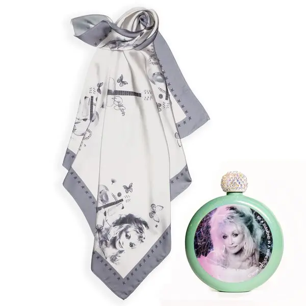 BLACK CAKE Limited Edition Festival Dolly Parton Tribute Glitter Mint Spirit Flask And Dolly Love Butterflies Bandana Scarf - Green