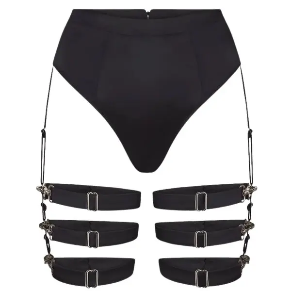 LUNATIC FEMME Supper Club High-waisted Silk Thong Harness W/ Detachable Garters - Black