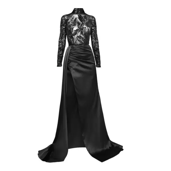 MODA GLAM Sheer Sequin Bodice Satin Gown With Sash