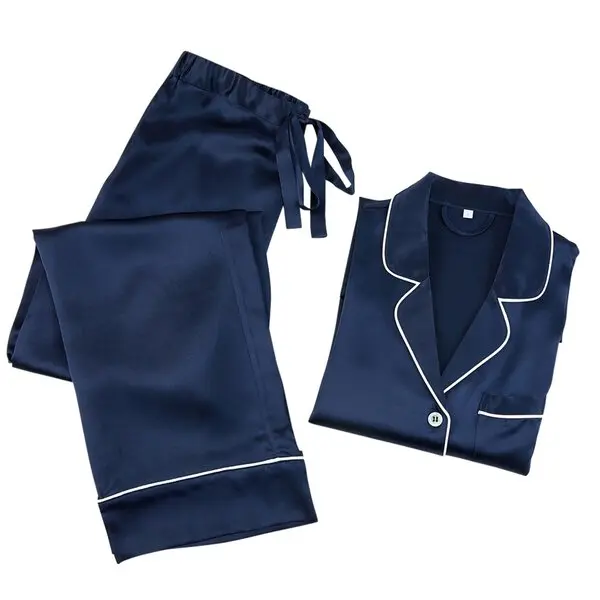 SOFT STROKES SILK Pure Silk Long Sleeve Pyjama Set Navy - Blue