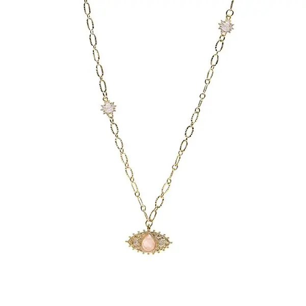 FARRA Rose Quartz Turkish Evil Eye Pendant Necklace - Pink