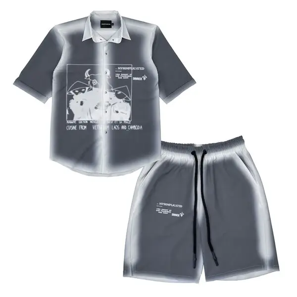 MYSIMPLICATED Black / White / Grey Short Sleeve Shirt And Bermuda Set With Laos Design Recycled Fabric - Black/white/grey