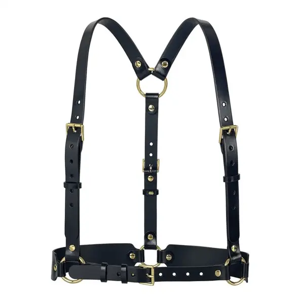 HAUTE CUIR Leather Body Harness With Gold Tone Hardware - Black