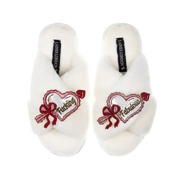 LAINES LONDON Faux Fur Slippers With Brooch - White