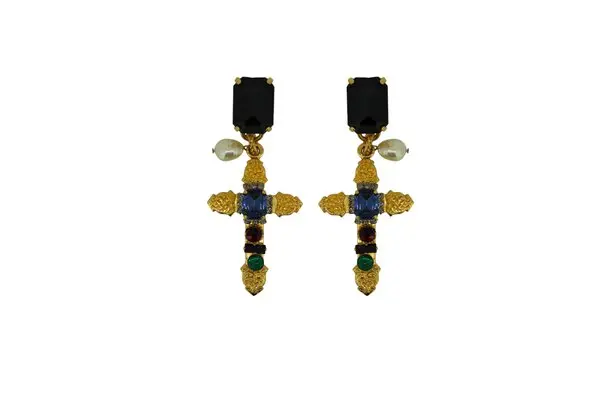 VICKISARGE Gold Plated Cross Earrings With Crystals And Pearls - Green/black/blue