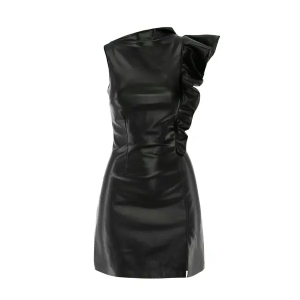 AVENUE N°29 Eco Leather Asymmetrical Mini Dress With Ruffle