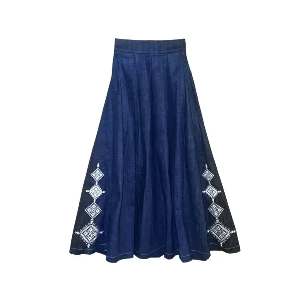 L2R THE LABEL Embroidered Denim Maxi Skirt