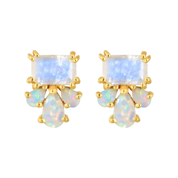 LA KAISER Opal & Rainbow Moonstone Empress Stud Earrings - Gold